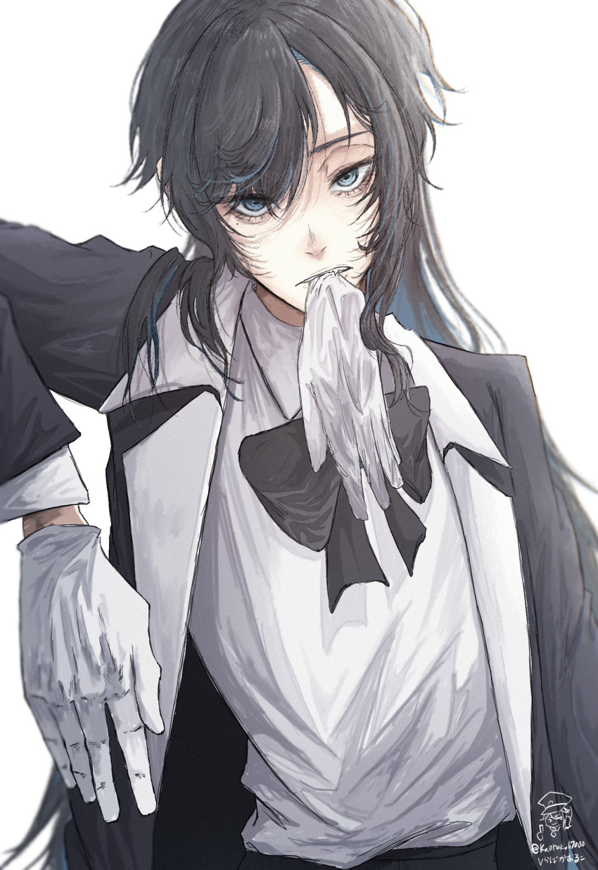 Safebooru - 1girl ado (utaite) black bow black bowtie black coat black hair blue hair bow bowtie ...