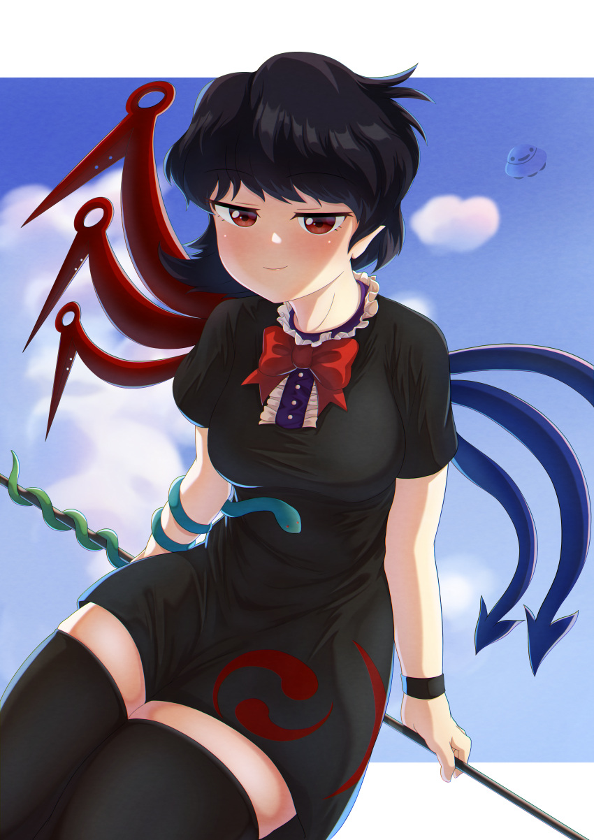 Safebooru - 1girl absurdres arms behind back asymmetrical wings black dress black hair black ...