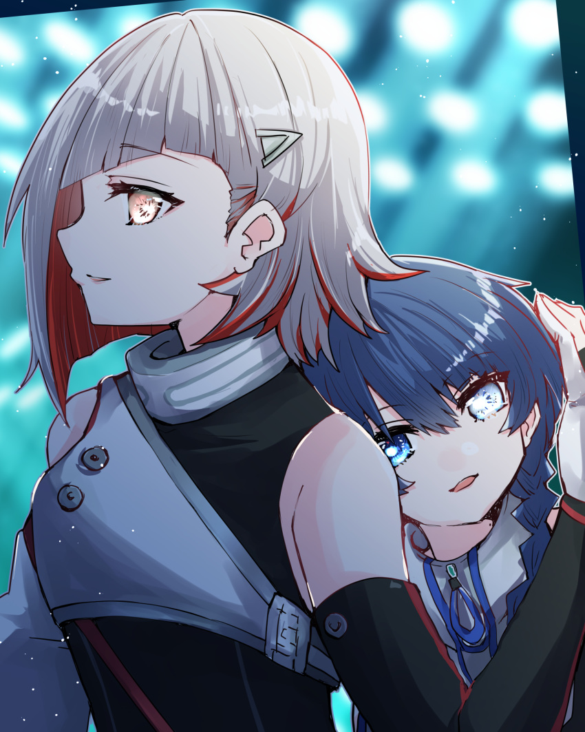 Safebooru - 2girls alternate eye color black shirt black sleeves blue eyes blue hair blurry ...