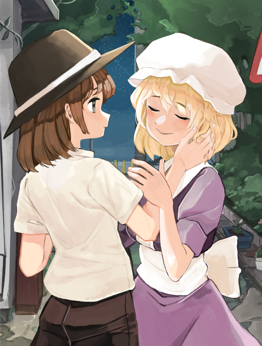 Safebooru - 2girls back bow blonde hair bow brown eyes brown hair closed eyes dress hand in ...