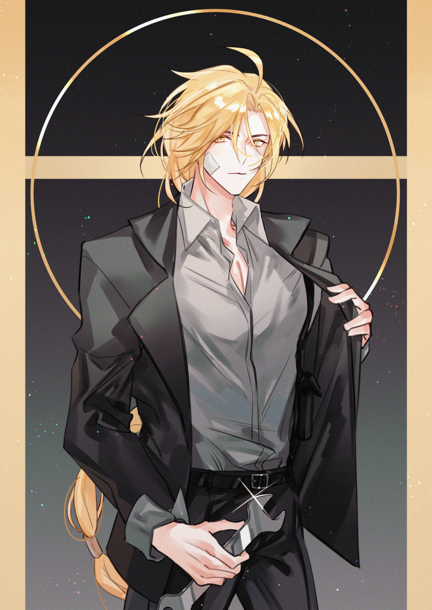 Safebooru - 1boy absurdres ahoge alternate costume azha8 belt belt buckle black background black ...