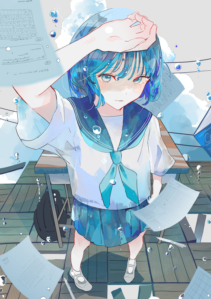 Safebooru - 1girl absurdres bag blue eyes blue hair clouds desk floor ...