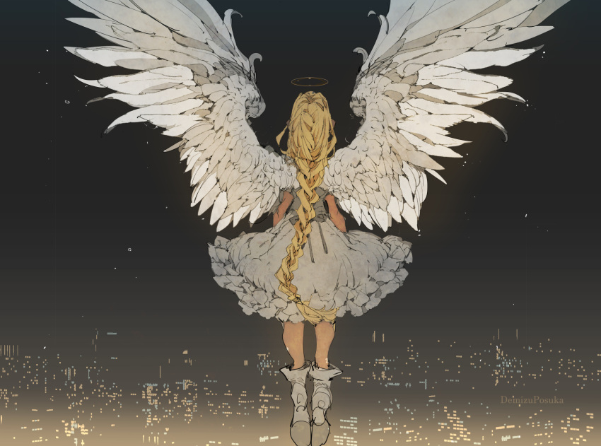 Safebooru - 1girl angel angel wings blonde hair braid city demizu posuka dress feathered wings ...