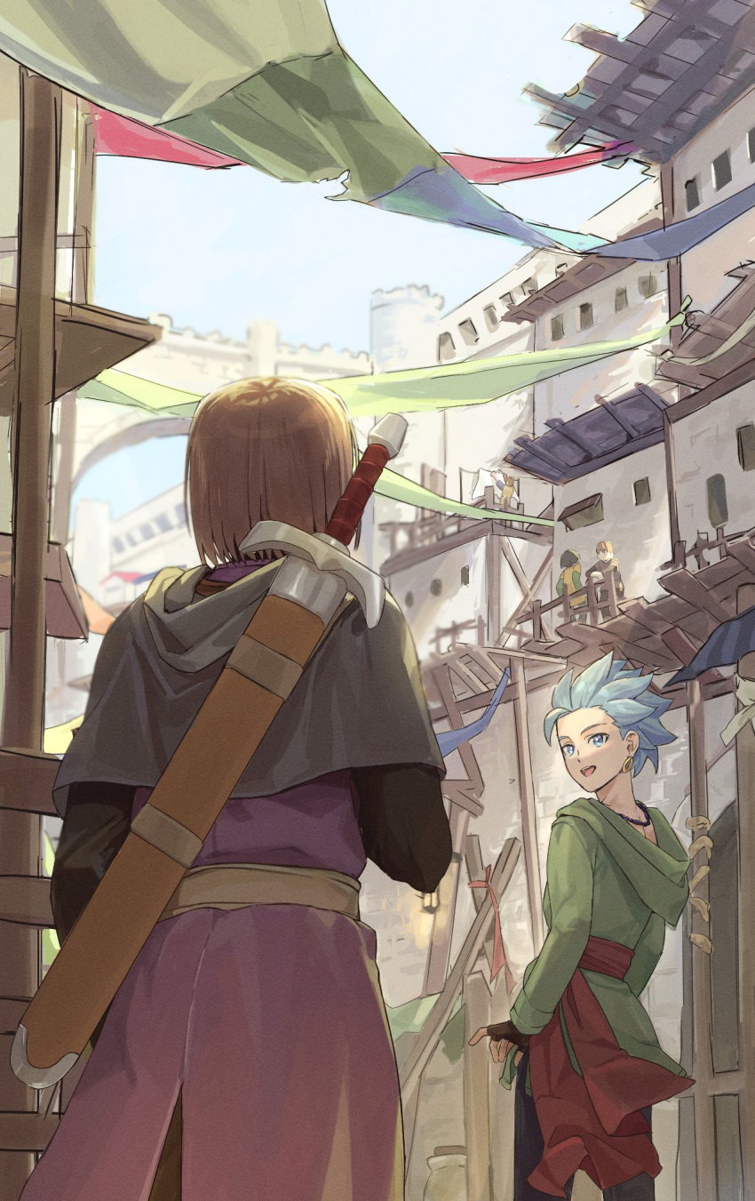 Safebooru - 2boys :d blue eyes blue hair brown hair building camus ...