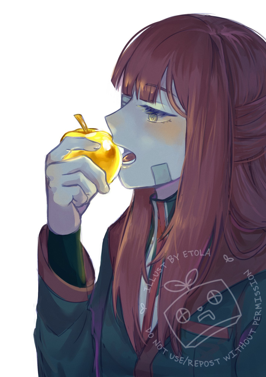Safebooru - apple bandaid black jacket etola eye reflection food fruit ...