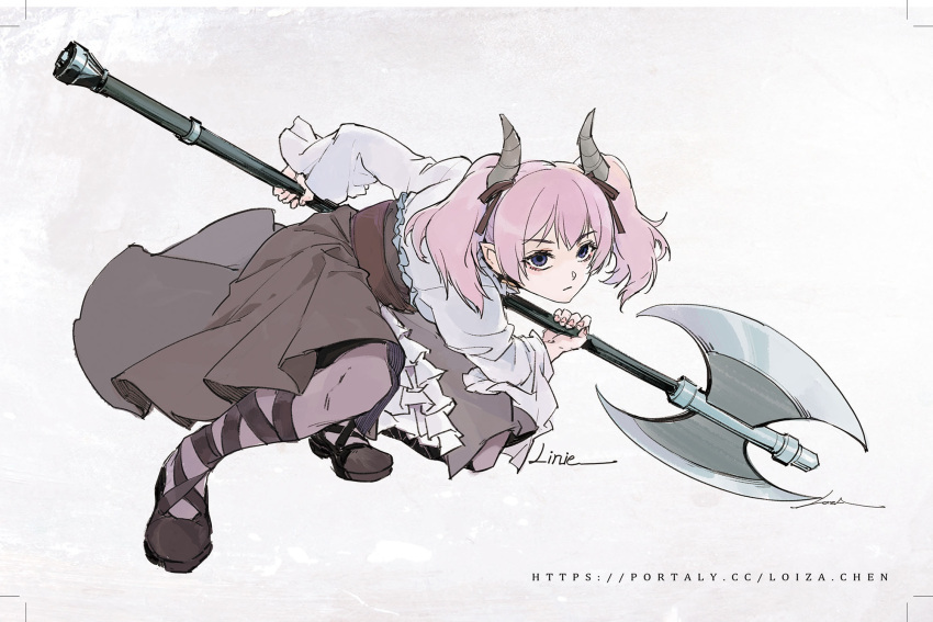 Safebooru - 1girl axe battle axe brown dress brown footwear brown horns brown ribbon character ...