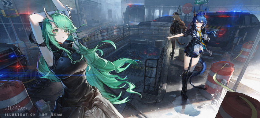 Safebooru - 3girls absurdres arknights armor black footwear black gloves black hat black jacket ...