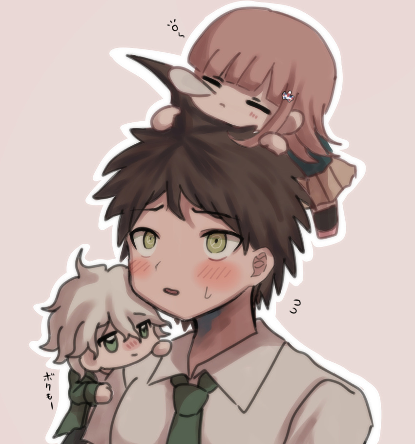 Safebooru - 1girl 2boys ahoge blush brown eyes brown hair chibi ...