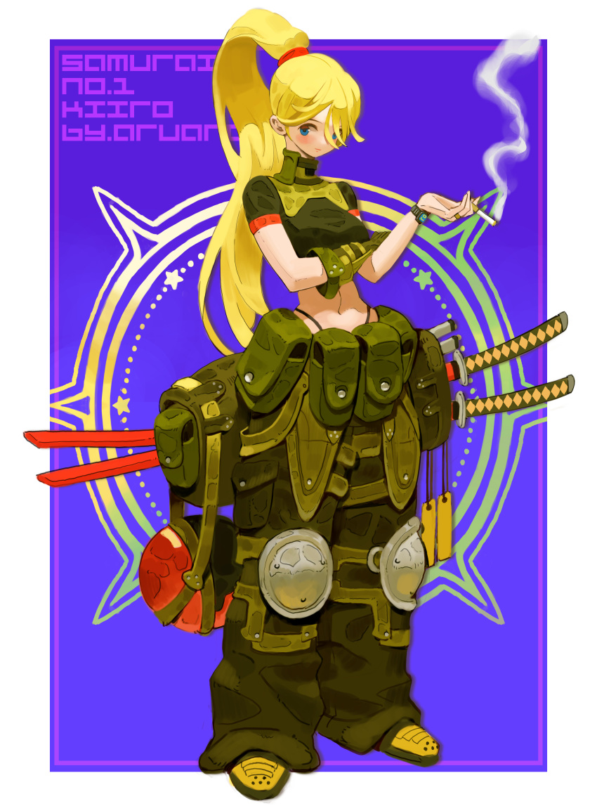 Safebooru - 1girl absurdres arowana2111 blonde hair blue eyes border breasts cigarette closed ...