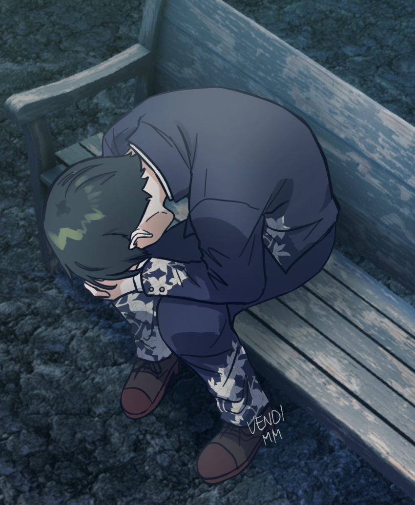 Safebooru - 1boy artist name black hair bowl cut brown footwear english ...