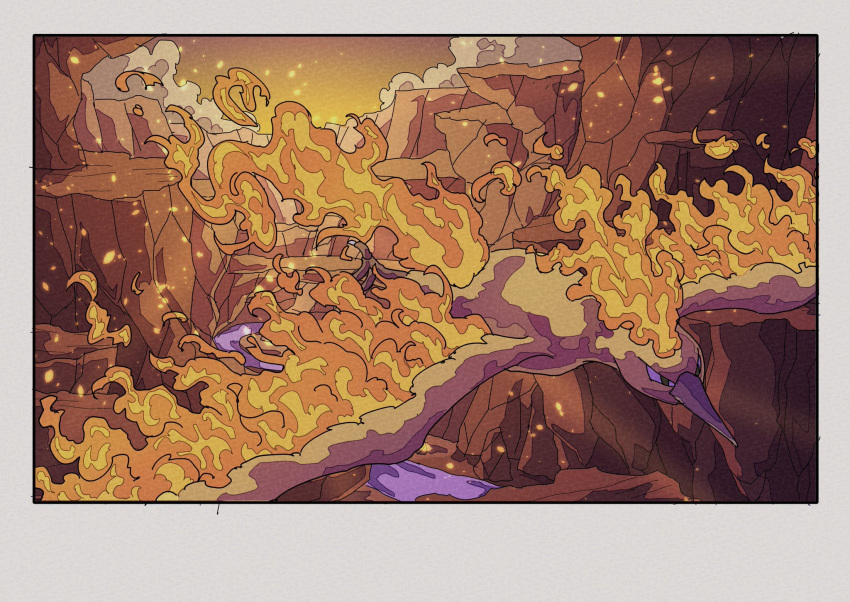 Safebooru - beak bird border canyon fiery wings flying highres midair ...