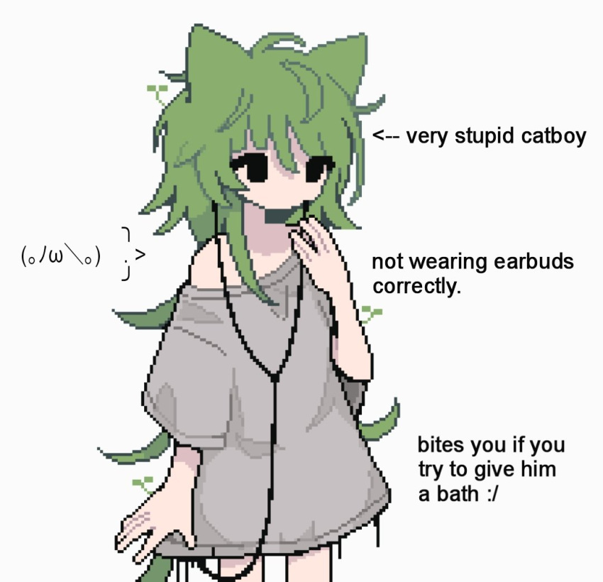 Safebooru - 1boy black eyes cat boy cat ears cat tail earbuds english text green hair kael ...