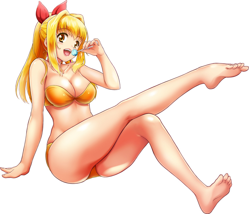 Safebooru - 1girl barefoot bikini blonde hair breasts candy earrings food full body gingira ...