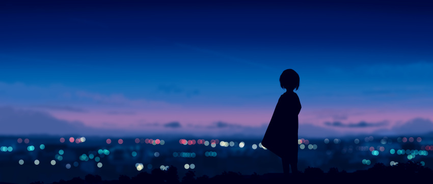 Safebooru - 1girl absurdres blue sky blurry blurry background city lights cityscape clouds dark ...