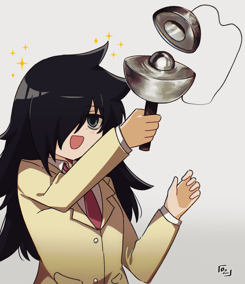 Safebooru - 1girl :d black hair demon core green eyes hair over one eye ...