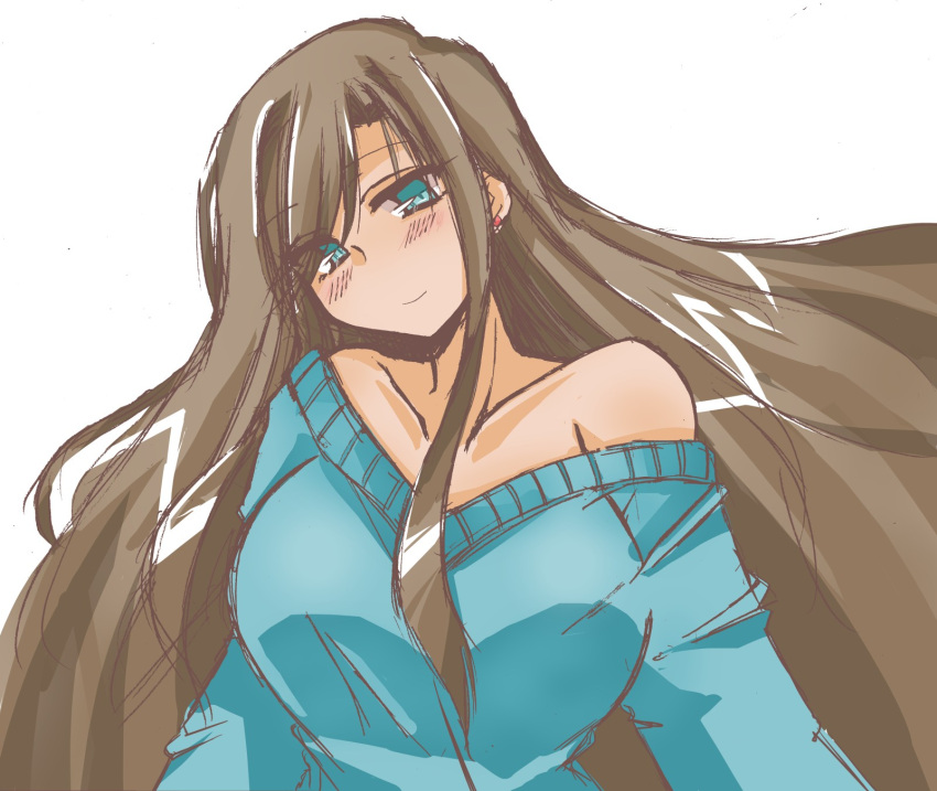 Safebooru - 1girl bare shoulders blue eyes blue sweater brown hair collarbone earrings highres ...