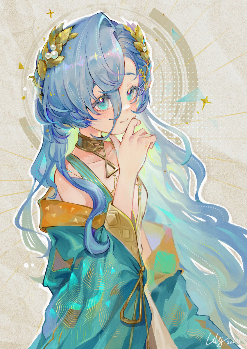 Safebooru - 1girl 2024 37 (reverse:1999) absurdres ancient greek clothes aqua robe artist name ...