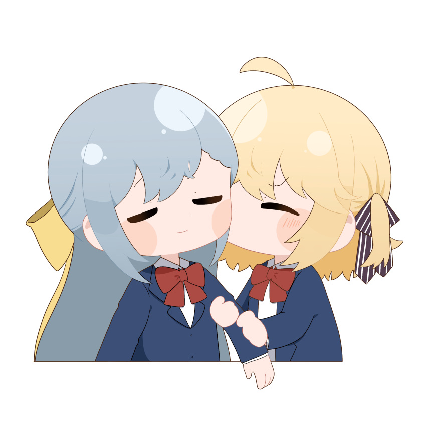 Safebooru - 2girls ahoge anisphia wynn palettia blonde hair blue jacket bow bowtie chibi closed ...