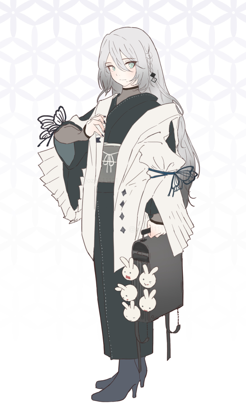 Safebooru - 1girl arm ribbon arm warmers black kimono black nails blue eyes blue ribbon boots ...
