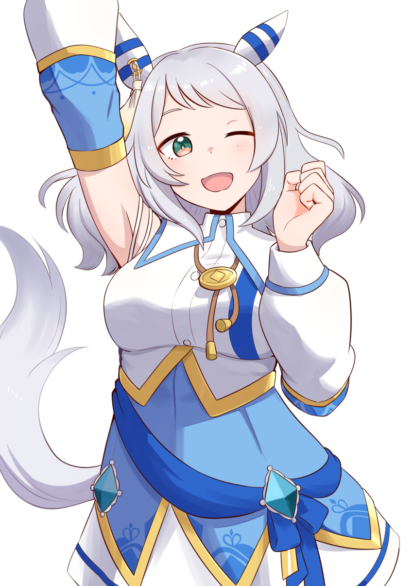 Safebooru - 1girl absurdres animal ears arm up armpits breasts brown eyes clenched hand detached ...