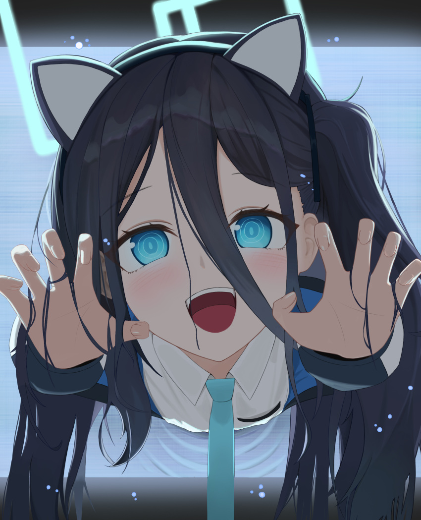 Safebooru - 1girl :d absurdres animal ear hairband animal ears aris (blue archive) black hair ...