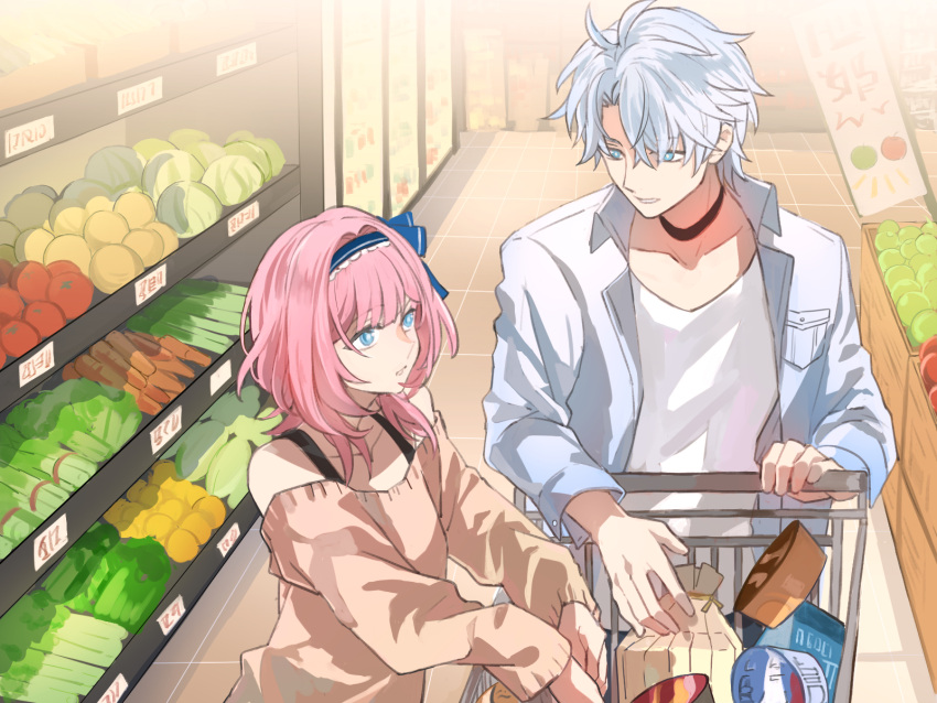 Safebooru - 1boy 1girl antenna hair black choker blue eyes blue hairband brown sweater carrot ...