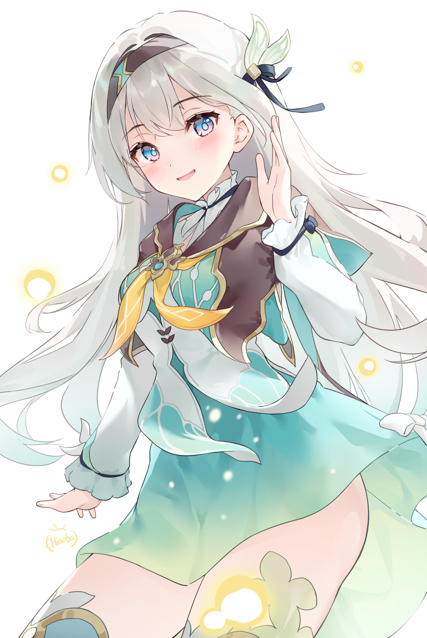 Safebooru - 1girl absurdres aqua skirt aqua thighhighs black hairband black jacket blue eyes ...