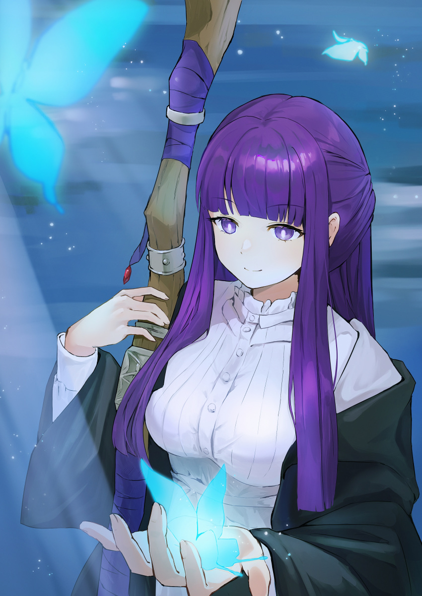 Safebooru - 1girl absurdres black coat blue background blue butterfly blurry blurry background ...