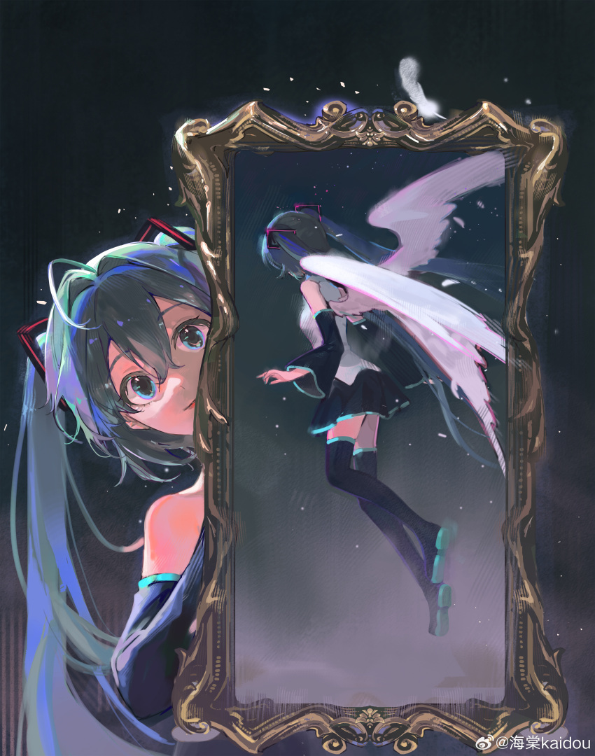 Safebooru - 1girl absurdres ahoge angel wings aqua eyes aqua hair black skirt black sleeves ...