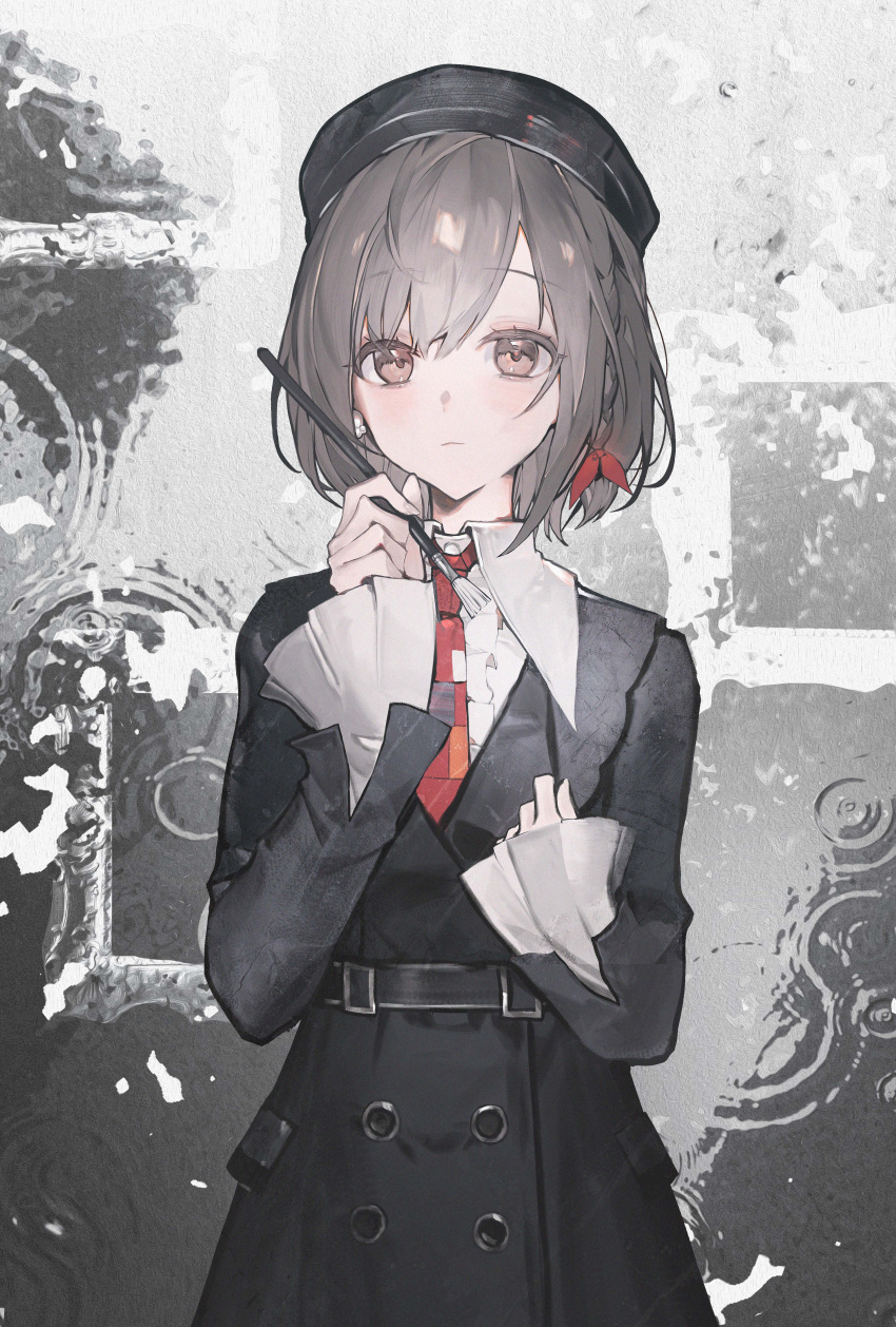 Safebooru - 1girl absurdres ajirui belt beret black coat black hat brown eyes closed mouth coat ...