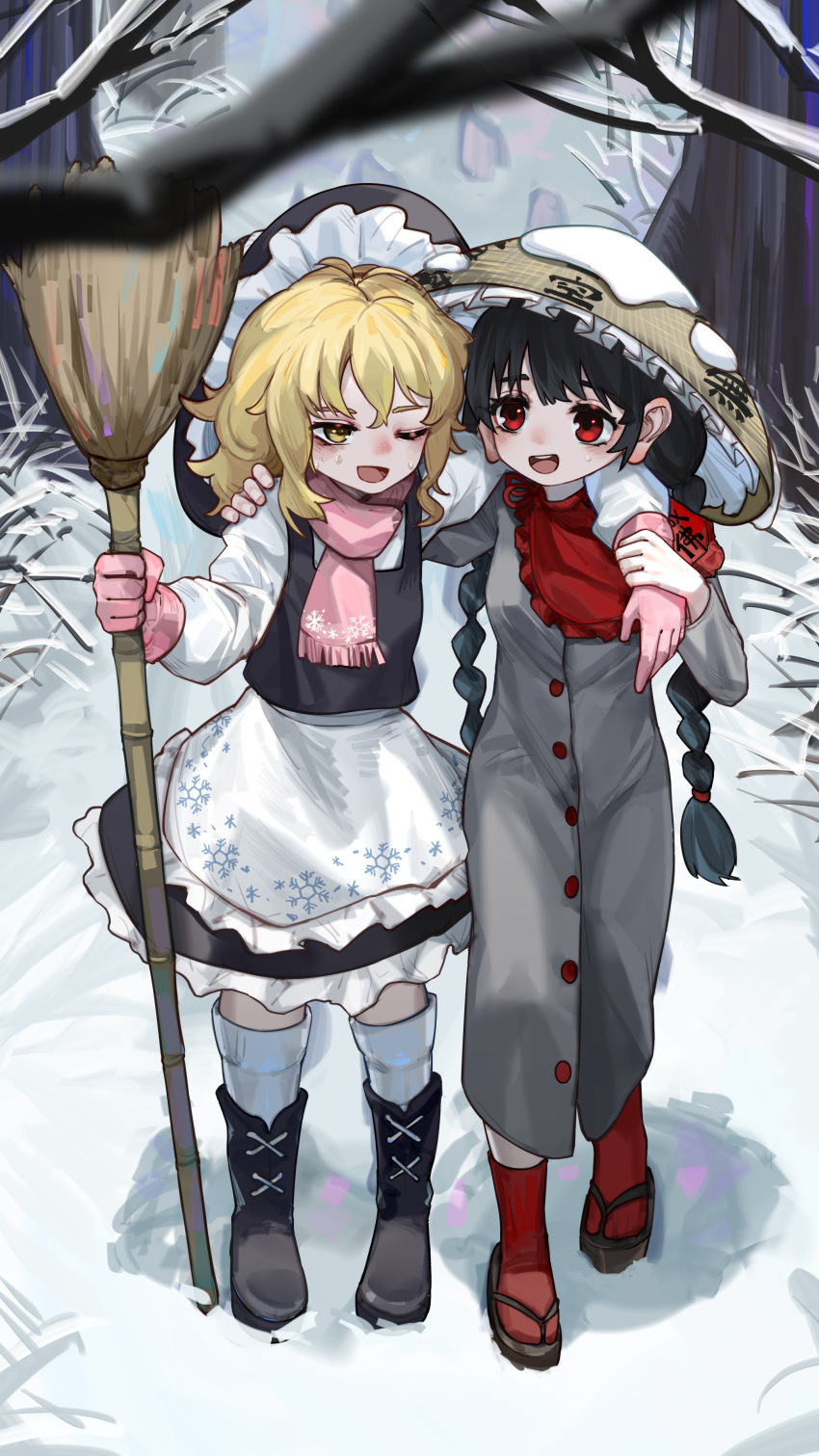 Safebooru - 2girls absurdres apron arm around neck black boots black hair black hat black skirt ...