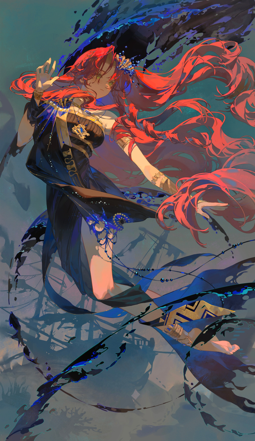 Safebooru - 1girl absurdres bare shoulders barefoot black dress breasts closed mouth dress full ...