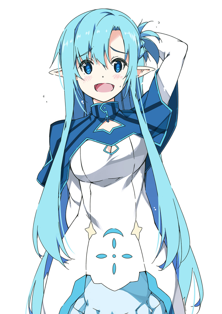 Safebooru - 1girl :d arm up asuna (sao) asuna (sao-alo) blue eyes blue hair blush breasts dress ...
