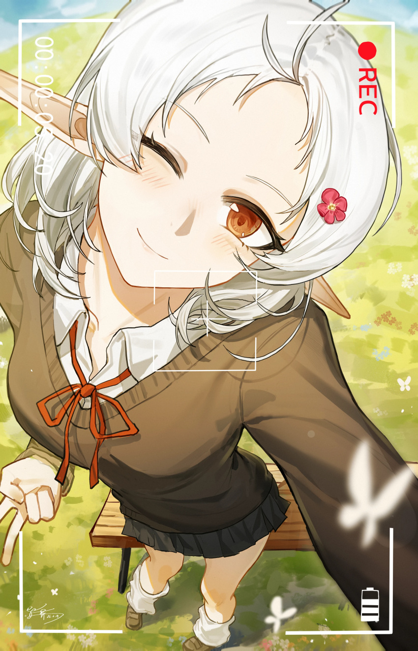 Safebooru - 1girl absurdres ahoge bare legs battery indicator black skirt blue sky blush brown ...