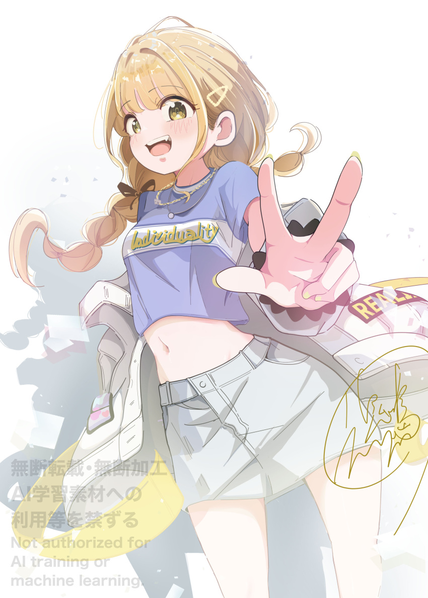 Safebooru - 1girl absurdres blonde hair blue shirt blush braid breasts commentary request ...