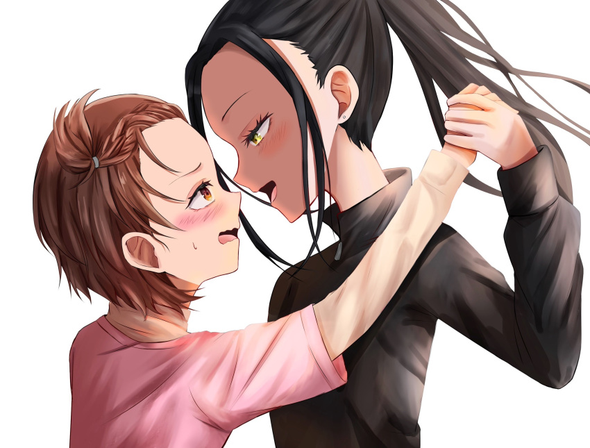 Safebooru - 2girls black hair black shirt blush brown hair from side highres holding hands ...