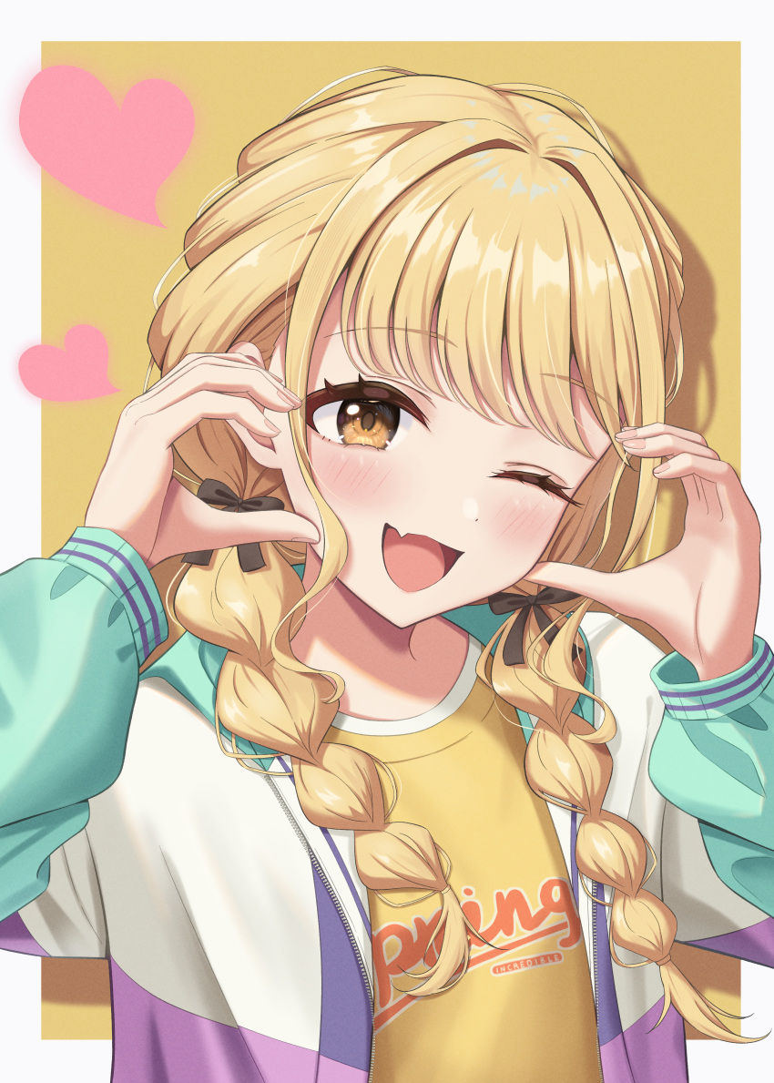 Safebooru - 1girl ;d absurdres blonde hair blush border braid commentary request fang fujita ...