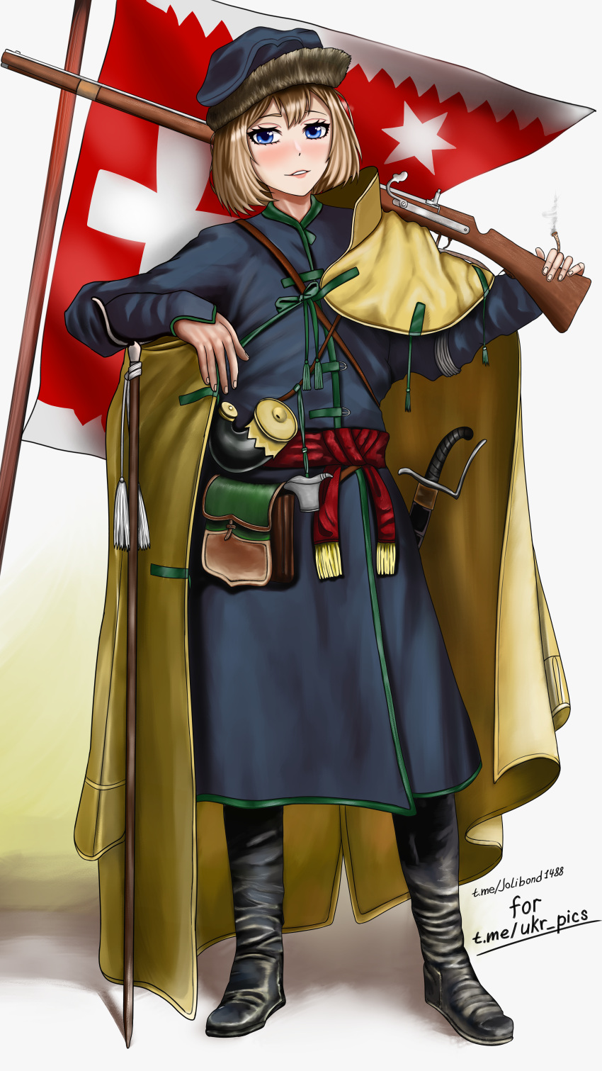 Safebooru - 1girl absurdres antique firearm artist name banner belt pouch black boots blonde ...