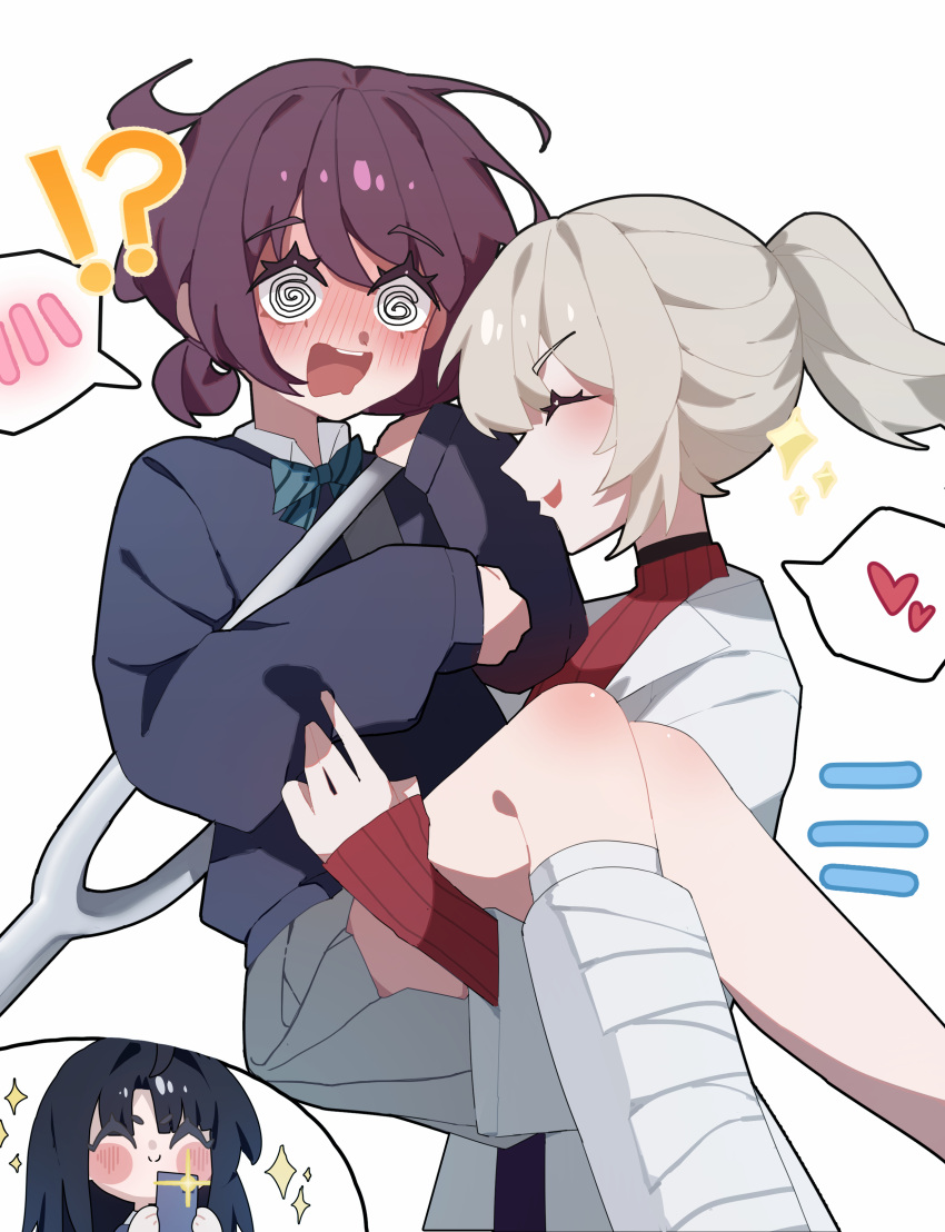 Safebooru - 3girls @ @ absurdres awa subaru black hair blue bow blue bowtie blue sweater blush ...