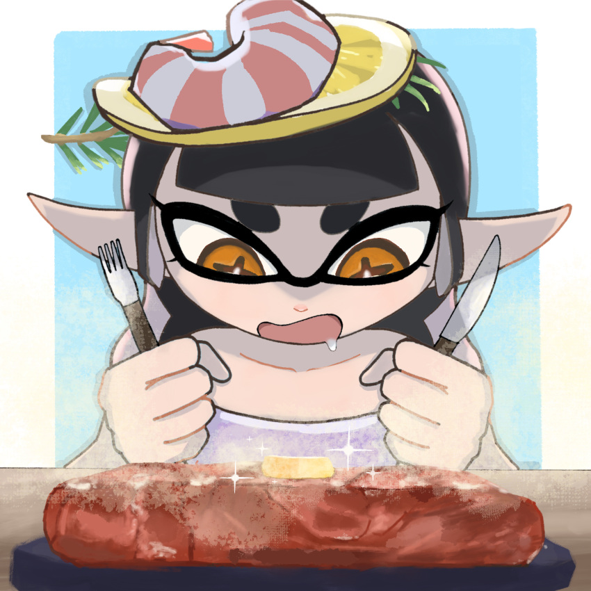 Safebooru - black hair callie (splatoon) drooling food food on head ...