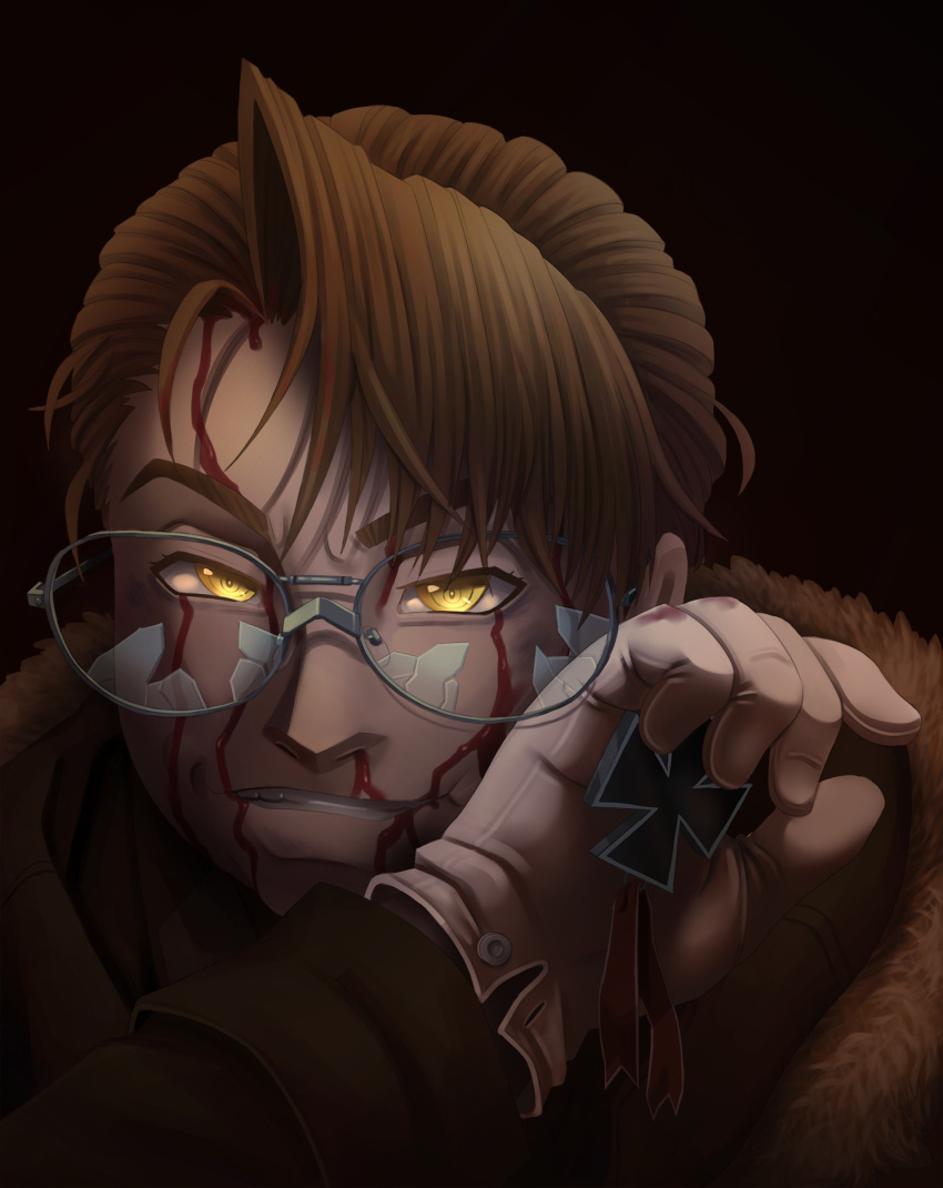 Safebooru - 1boy bleeding blonde hair blood blood on face broken eyewear brown coat coat cross ...