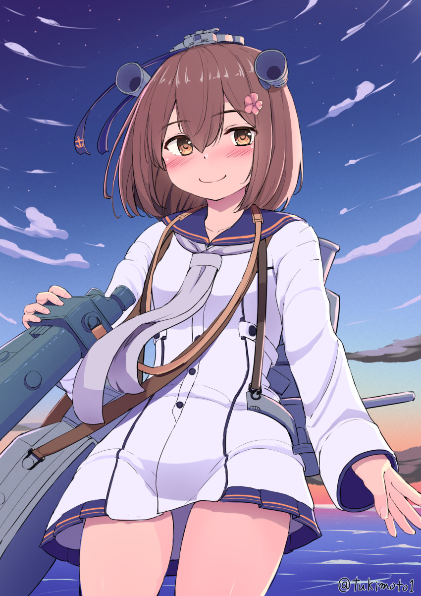 Safebooru - 1girl binoculars blue sailor collar blue sky blush brown eyes brown hair clouds ...