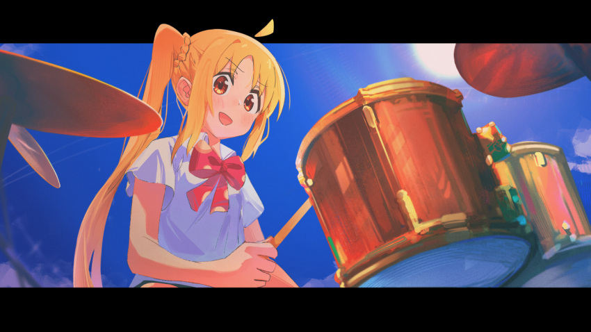 Safebooru - 1girl blonde hair blue sky blush bocchi the rock! commentary request drum drum set ...