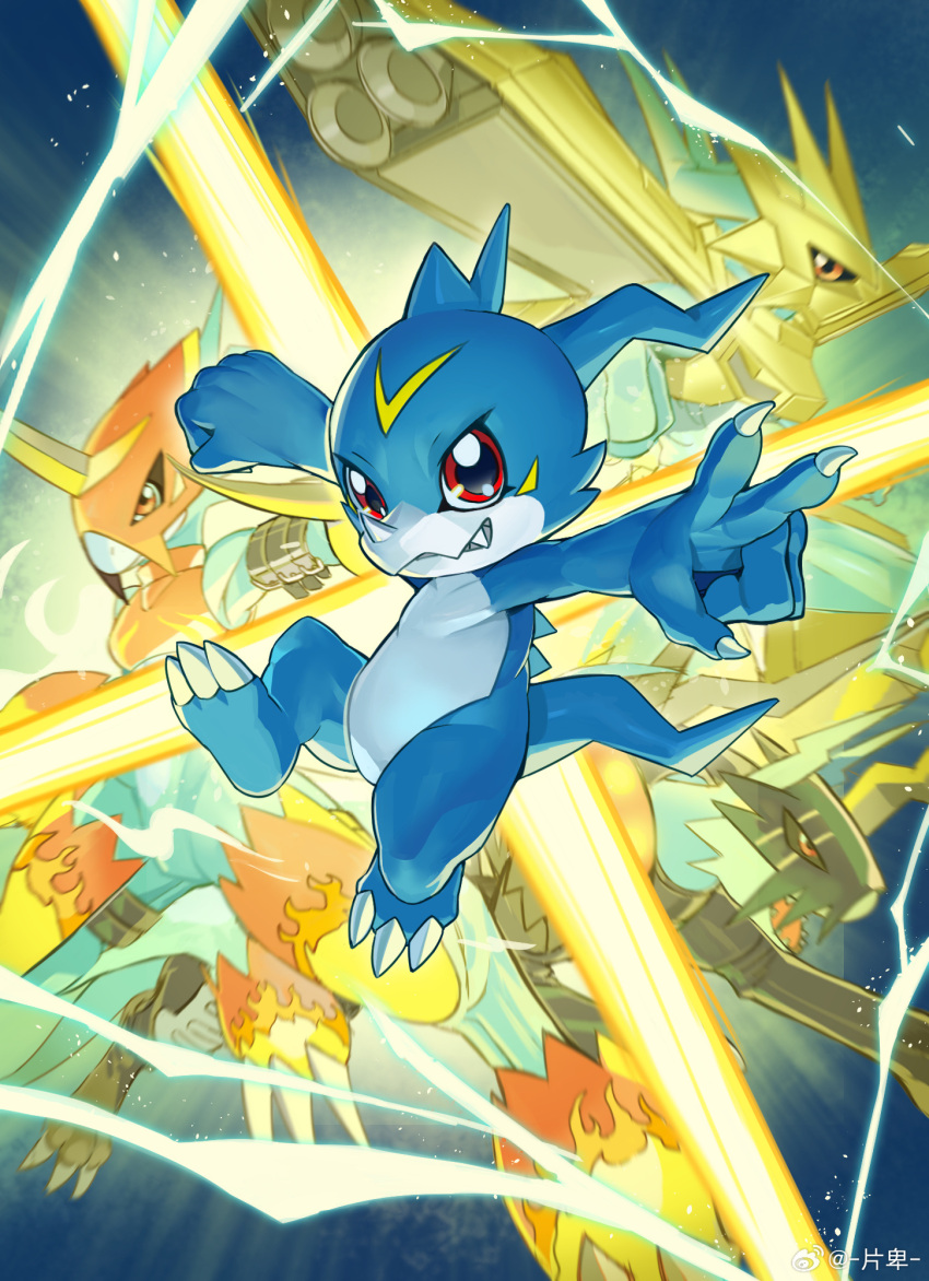 Safebooru - 3others animal feet arms up blue horns blue skin blurry ...
