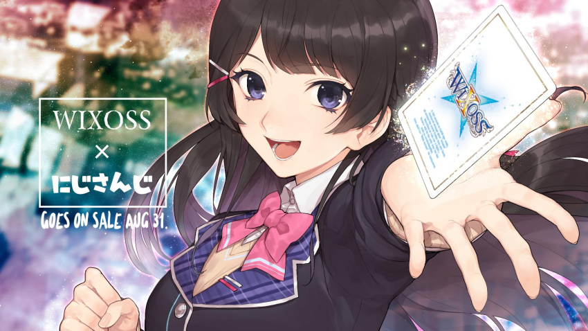 Safebooru - 1girl :d black hair black jacket blunt bangs bow bowtie card commentary request ...