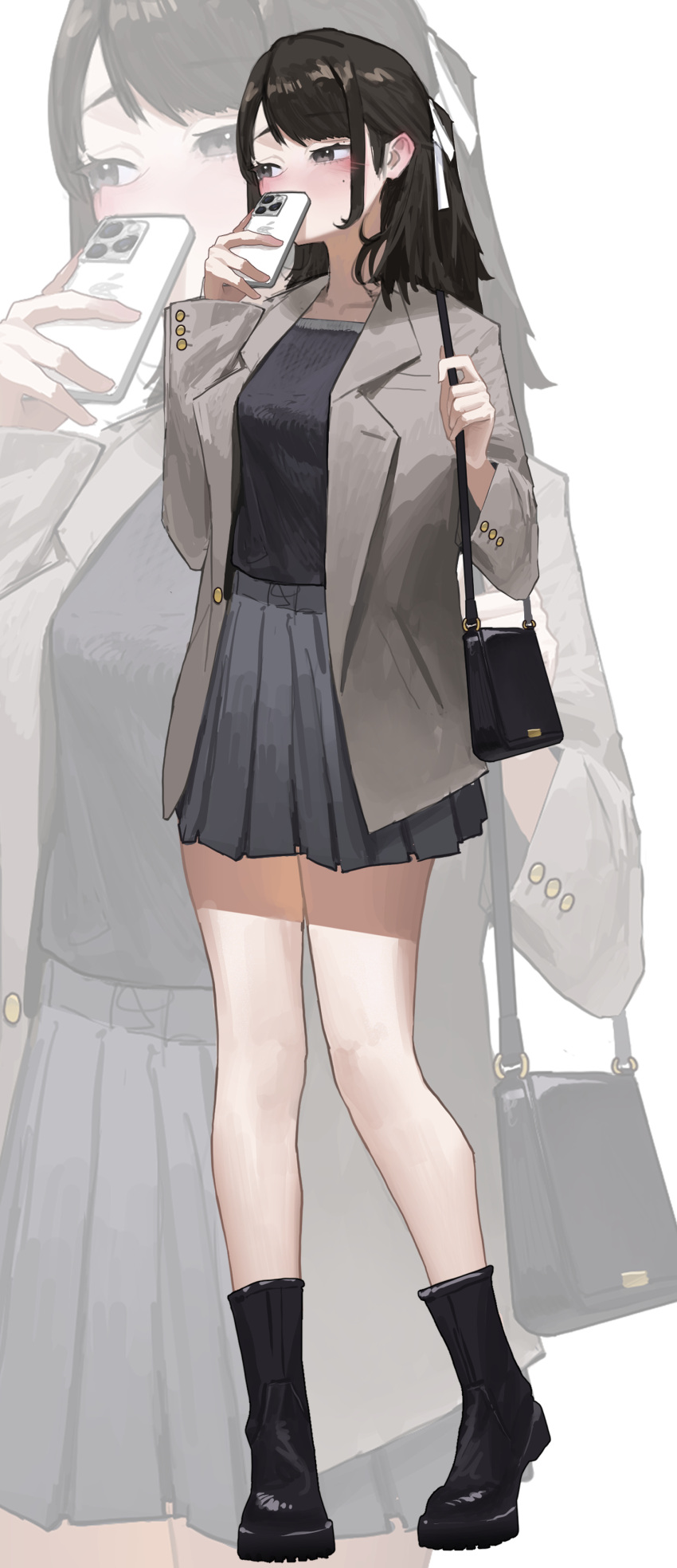 Safebooru - 1girl absurdres black bag black boots black hair black shirt blush boots cellphone ...