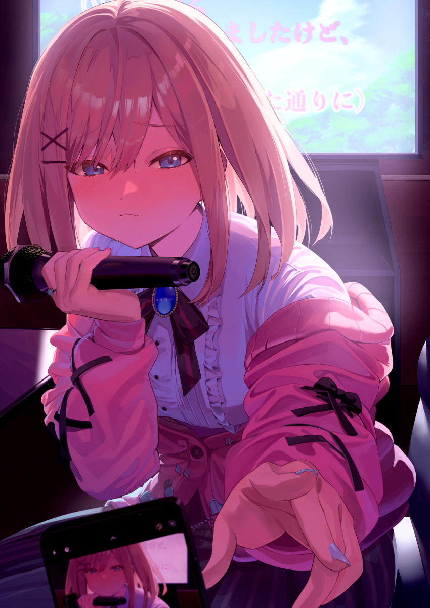 Safebooru - 1girl absurdres black ribbon blue eyes blue gemstone blue nails blush breasts brown ...