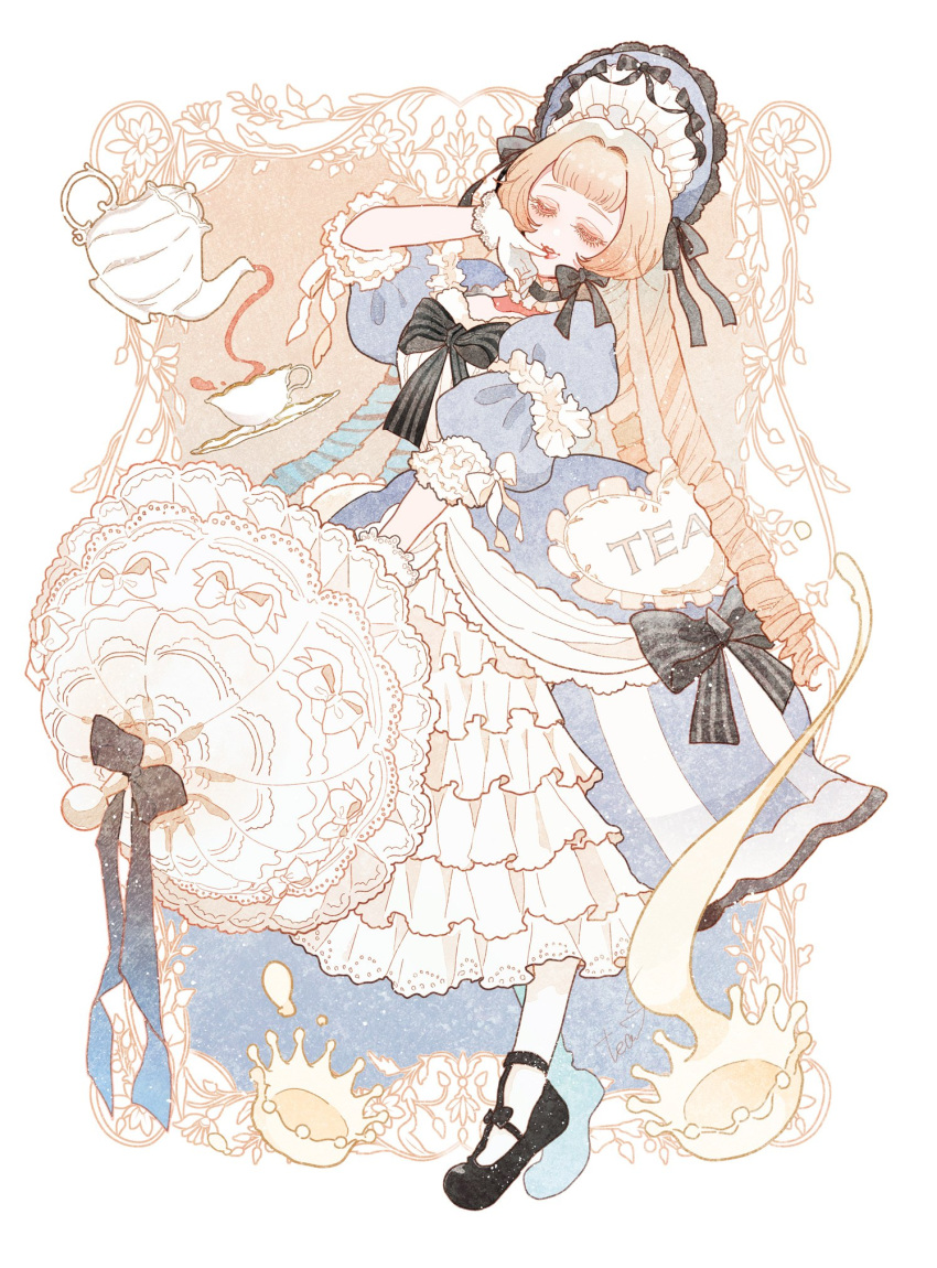 Safebooru - 1girl black bow black shoes blonde hair blue dress blunt bangs bonnet bow crown ...