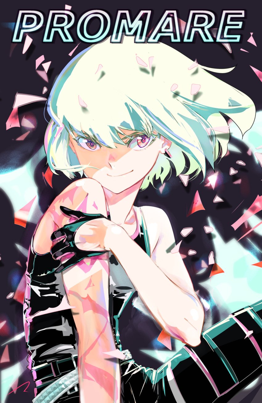 Safebooru - 1boy abstract background androgynous belt black gloves black pants black tank top ...