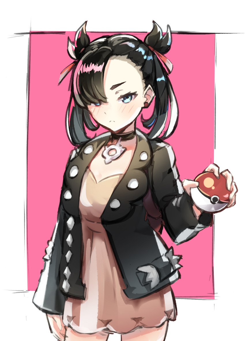 Safebooru - 1girl aqua eyes asymmetrical bangs black choker black hair black jacket blush border ...